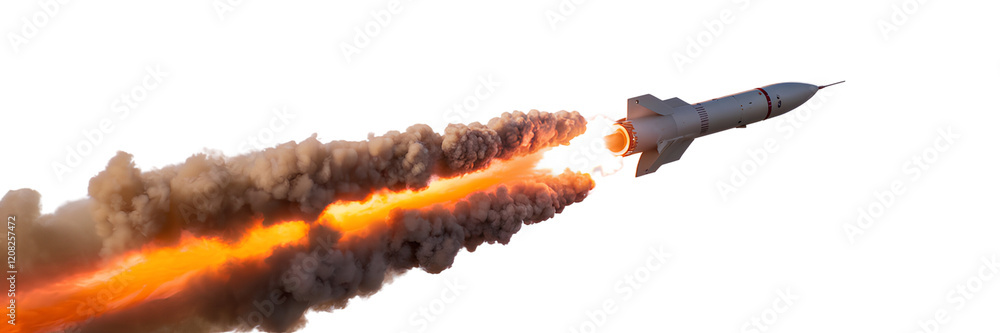 A rocket missile with its propulsion smoke in mid-air on a transparent ...
