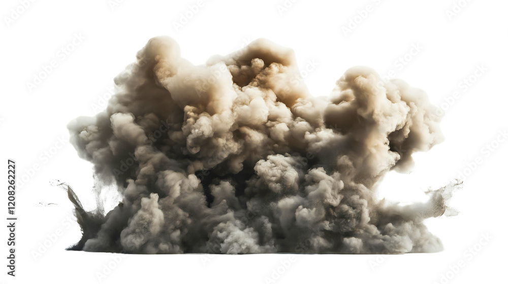 Powerful explosion with gray smoke clouds and scattered debris ...