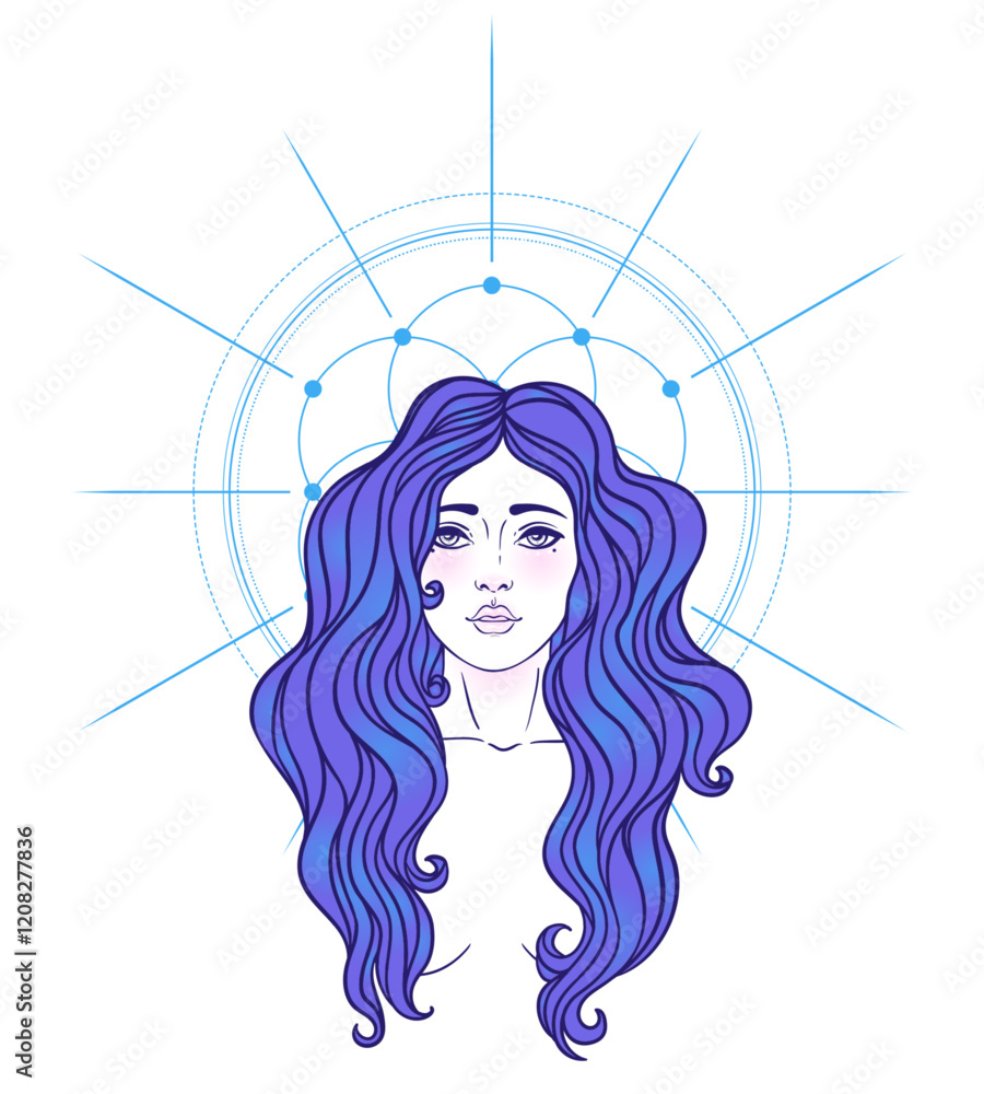 Beautiful woman with long hair and multiple hands sitting in lotus yoga ...