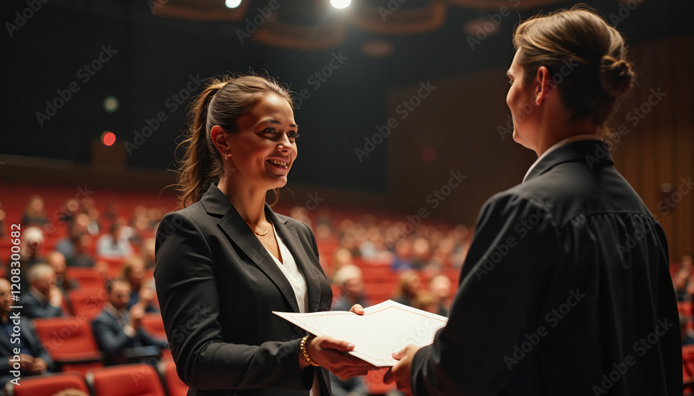 Smiling woman receiving certificate on stage, professional achievement ...