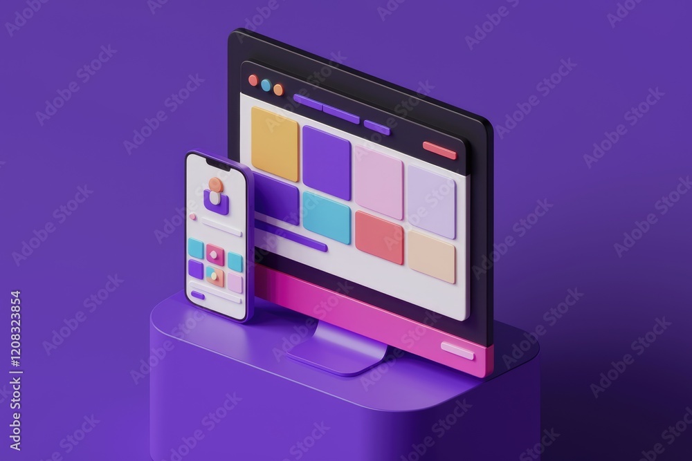 Responsive web design and mobile app interface, showcasing user-friendly colorful UI elements ...