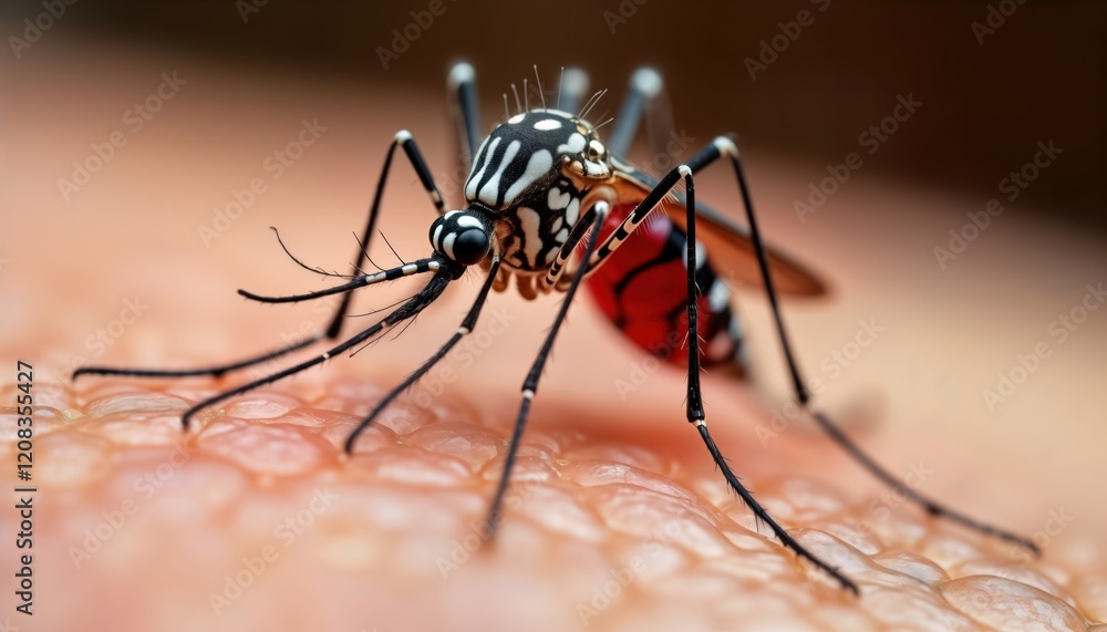 Closeup of dengue fever mosquito sucking human skin. Aedes mosquito ...
