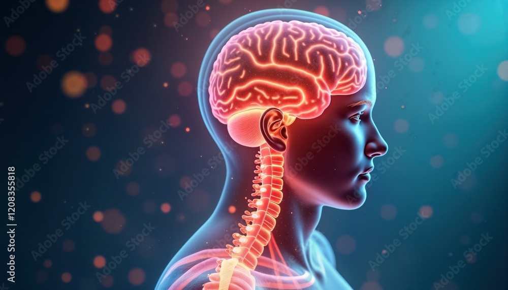 Human head anatomy illustration with highlighted brain, spine. Medical ...