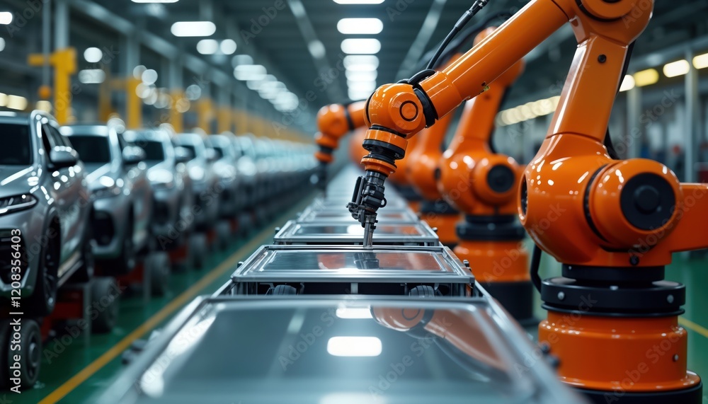 Automated car assembly line in India. Robotic arms work efficiently on car parts. Modern ...