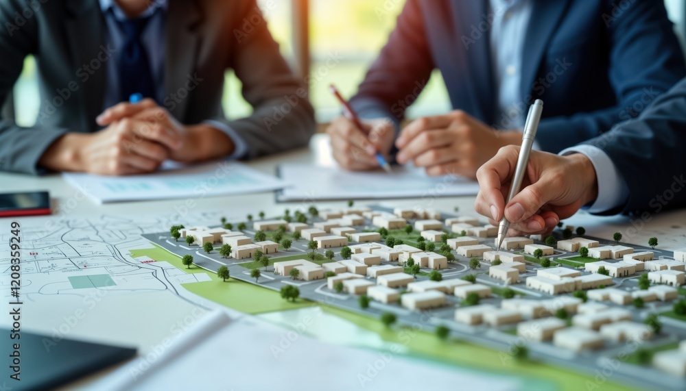 Urban planners meet to discuss city development project. Analyze ...