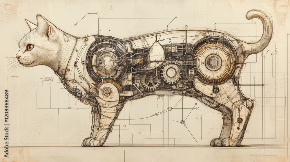 Mechanical cat blueprint: intricate fusion of feline anatomy and ...