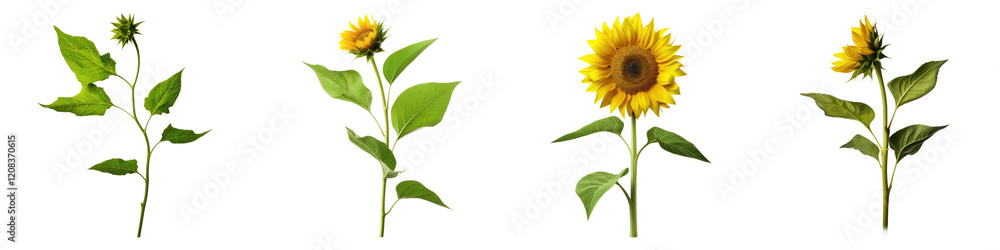 Sunflower stalk with leaves isolated on transparent background, PNG die ...