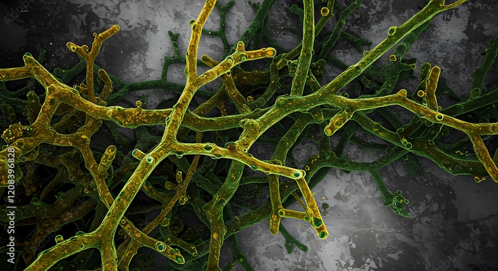 Microscopic fungi, green and yellow mold. Branching filaments and ...