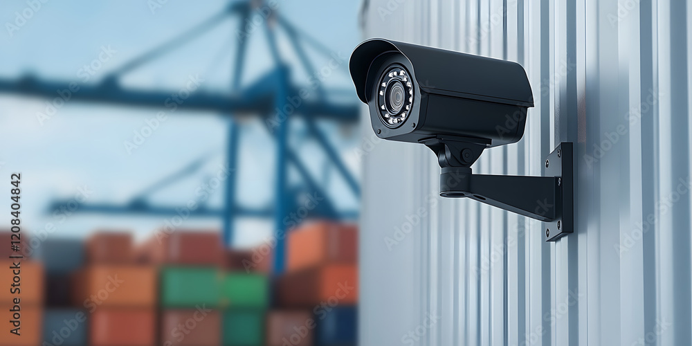 Security camera mounted on a wall overlooking a shipping container yard ...