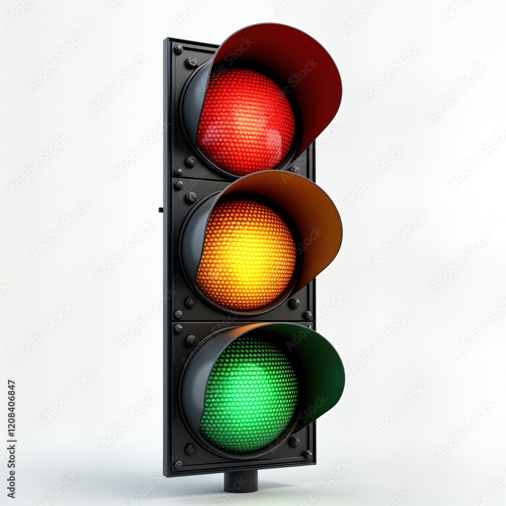Urban traffic light with red yellow, green signals. Road safety signage ...