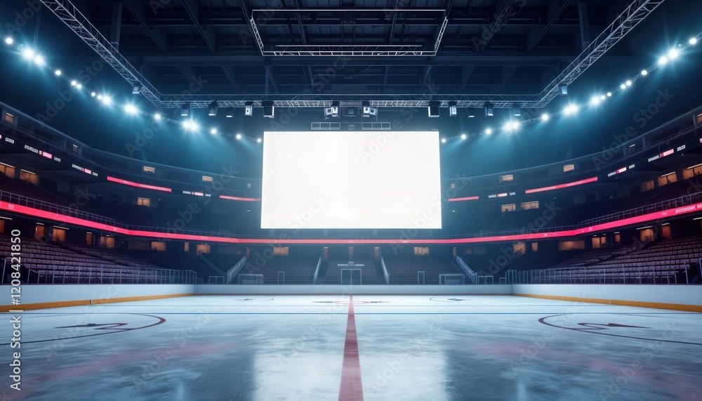 Empty hockey stadium with large blank screen. Arena illuminated with ...