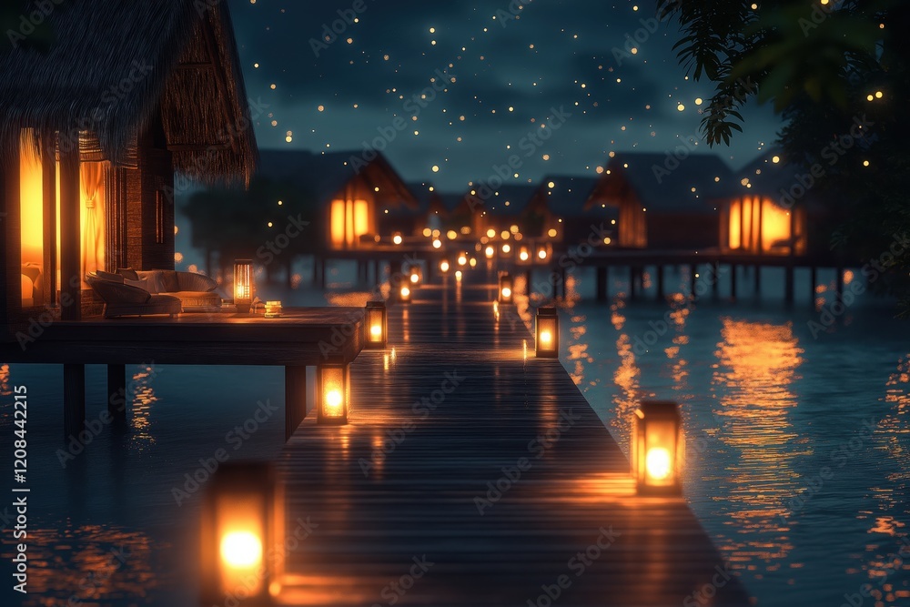 Tropical Night: Illuminated Walkways, Overwater Bungalows, and Calm ...