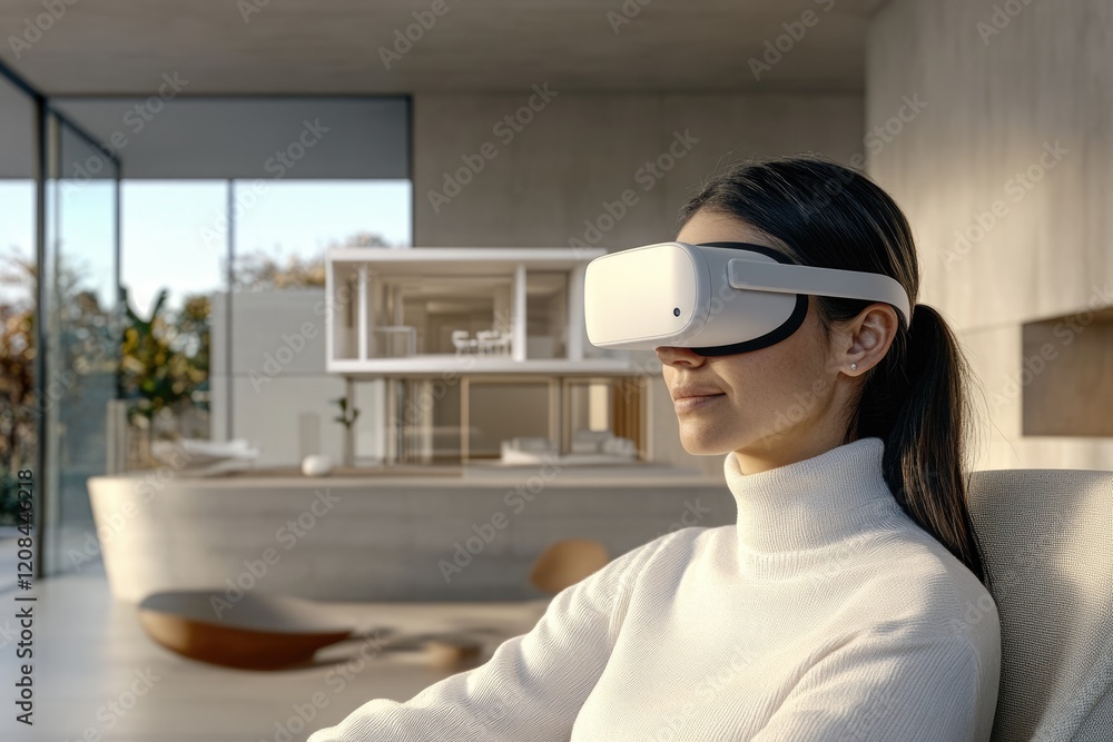 Woman uses VR headset to experience a virtual house tour, showcasing ...