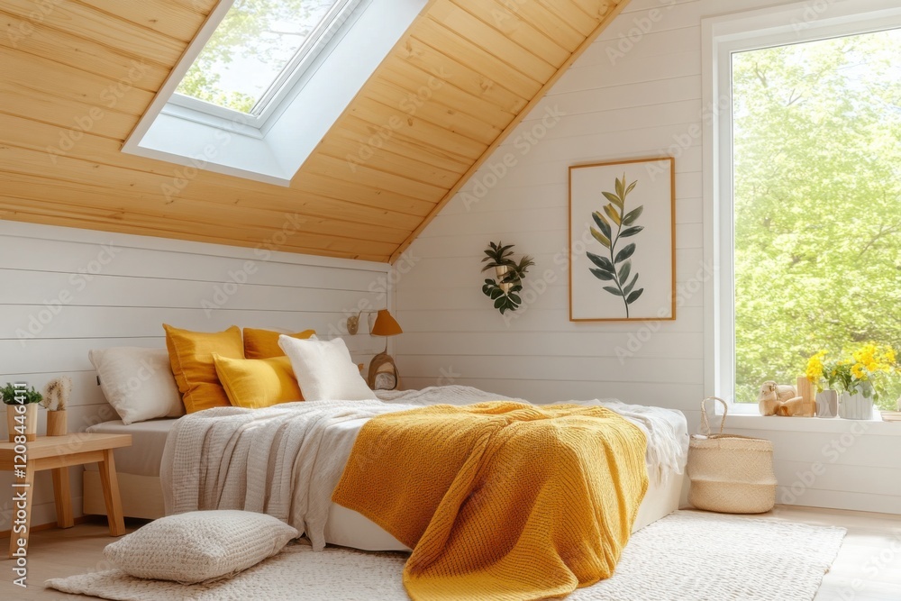 Charming attic bedroom with slanted ceilings, cozy blankets, and ...