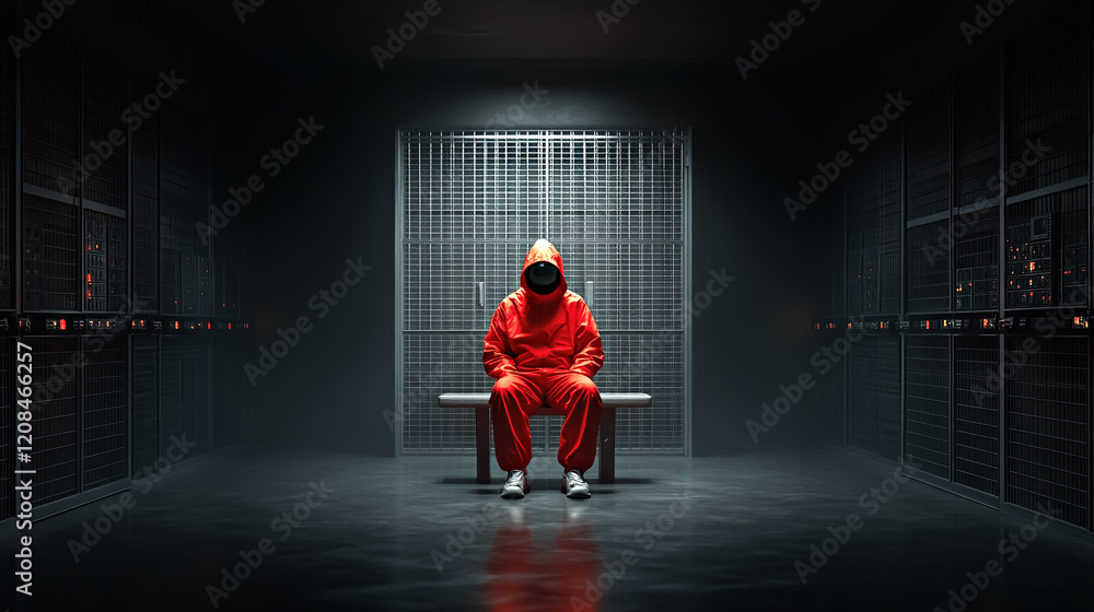 Mysterious guard figure wearing red hooded overalls and face helmet ...