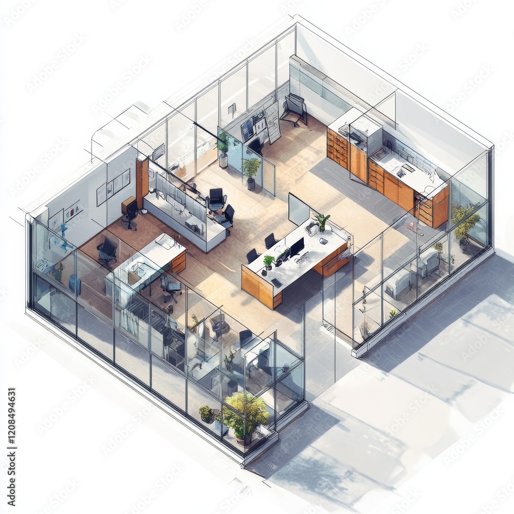 birds eye view of an office layout with transparent walls orthographic ...