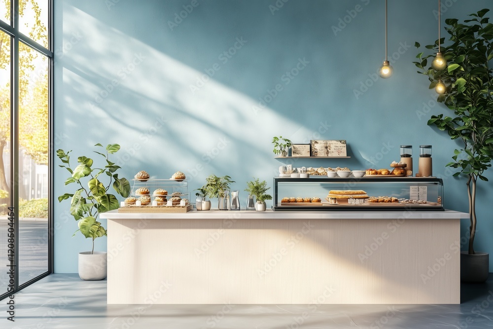 Realistic 3D render cafe interior design in pastel minimal style, Front ...