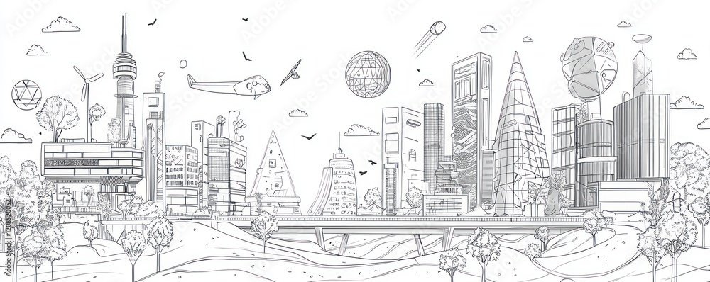Line drawings eco-friendly technologies and sustainable living ...