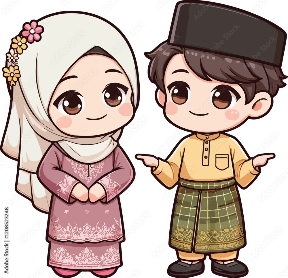 Cute muslim boy and girl. Happy Ramadan, Happy Fasting Day. Selamat ...