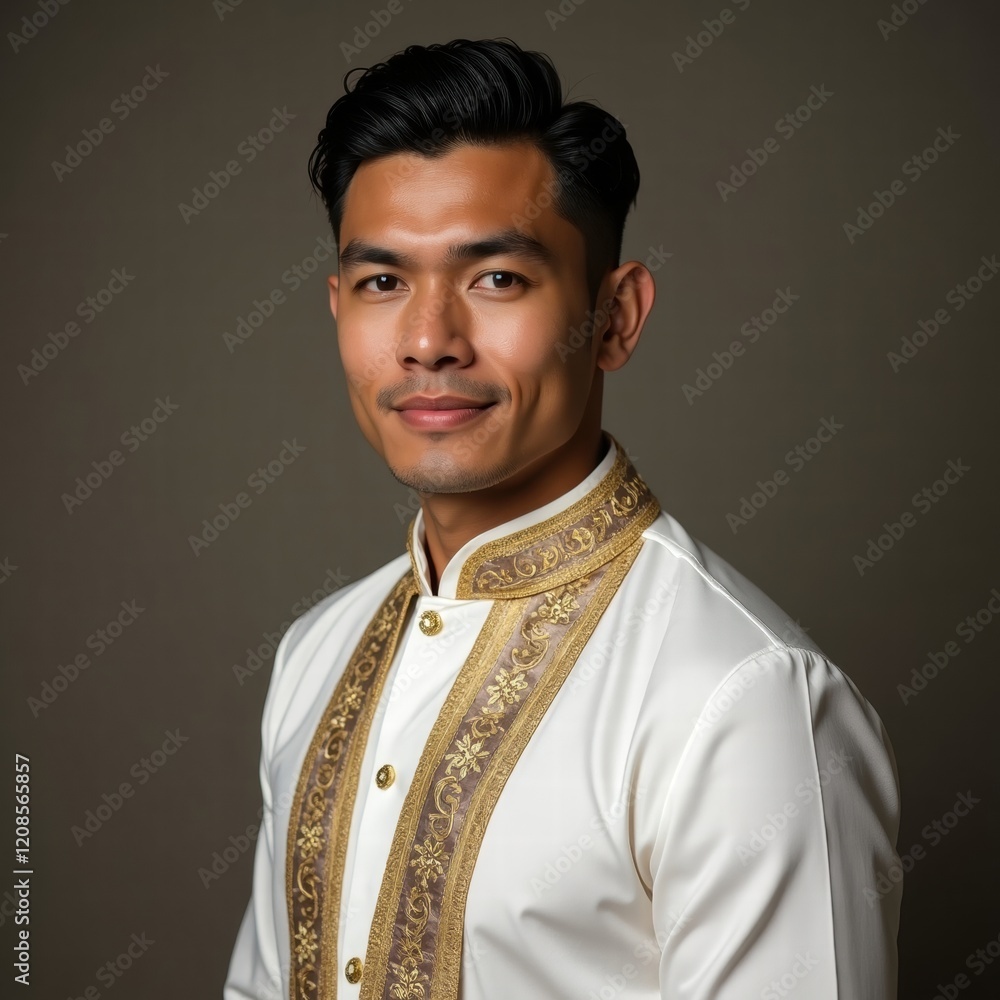 A Filipino male model wearing traditional Barong Tagalog attire Stock ...