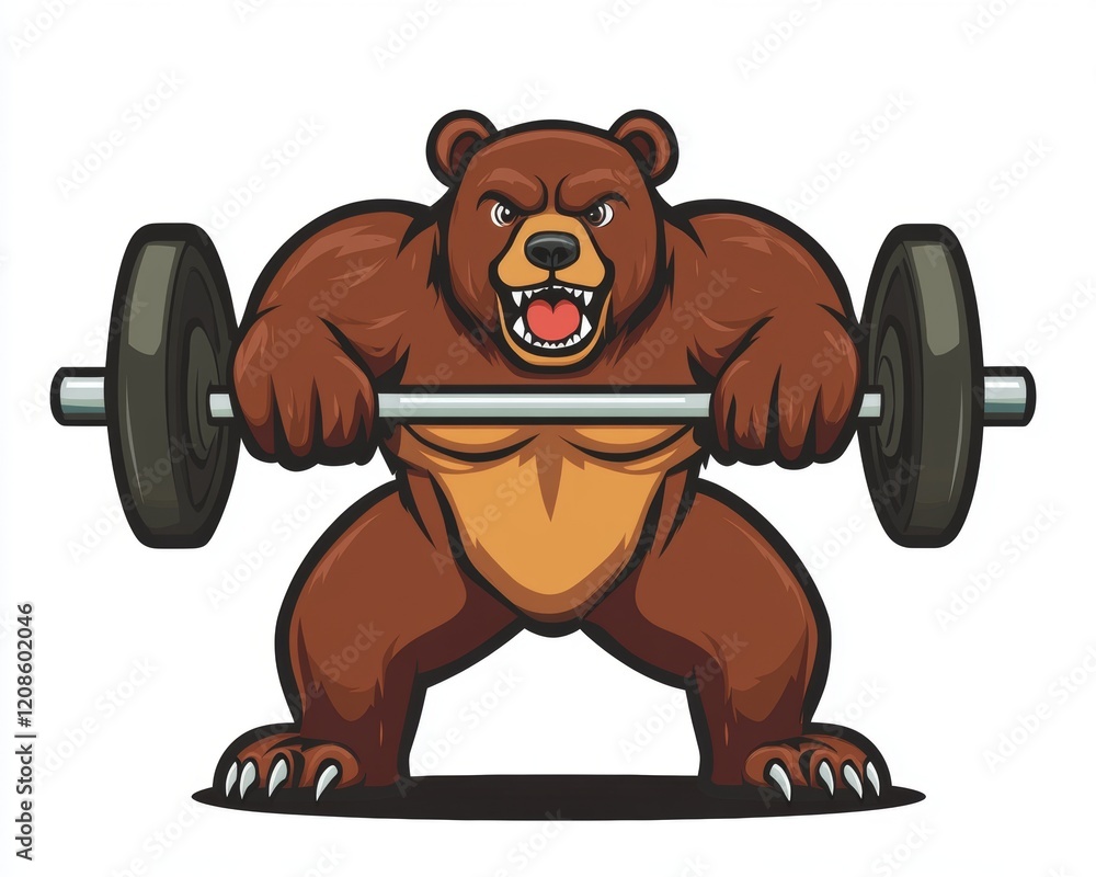 A grizzly bear sports mascot in a gym场景, lifting weights with a ...
