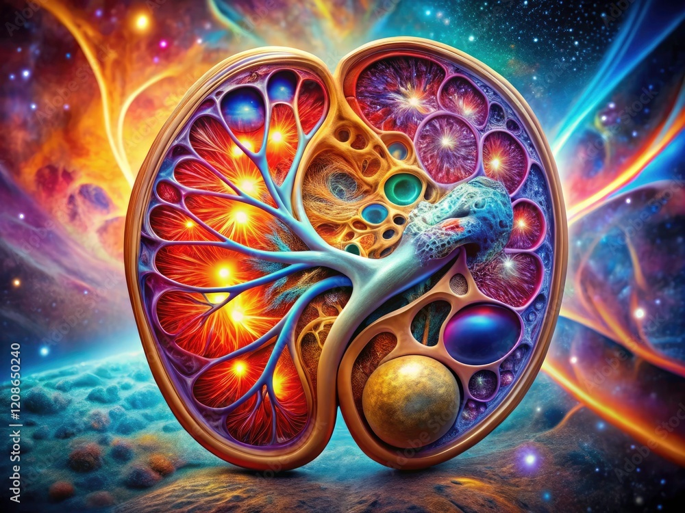 Detailed medical illustration: human kidney's internal structures ...