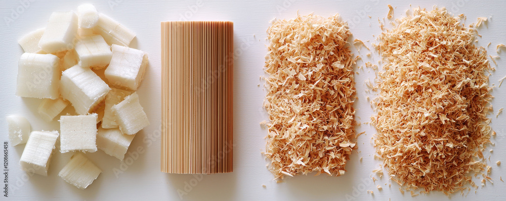 Four stages of wood processing raw wood blocks, wooden dowels, coarse ...