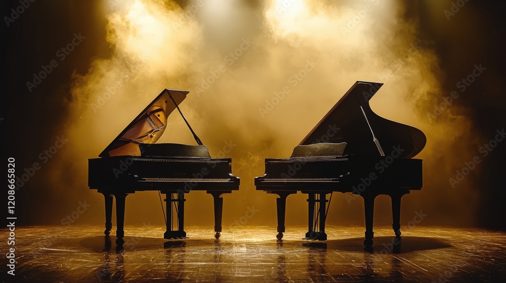 Twin grand pianos on a dimly lit stage with dramatic lighting and fog ...