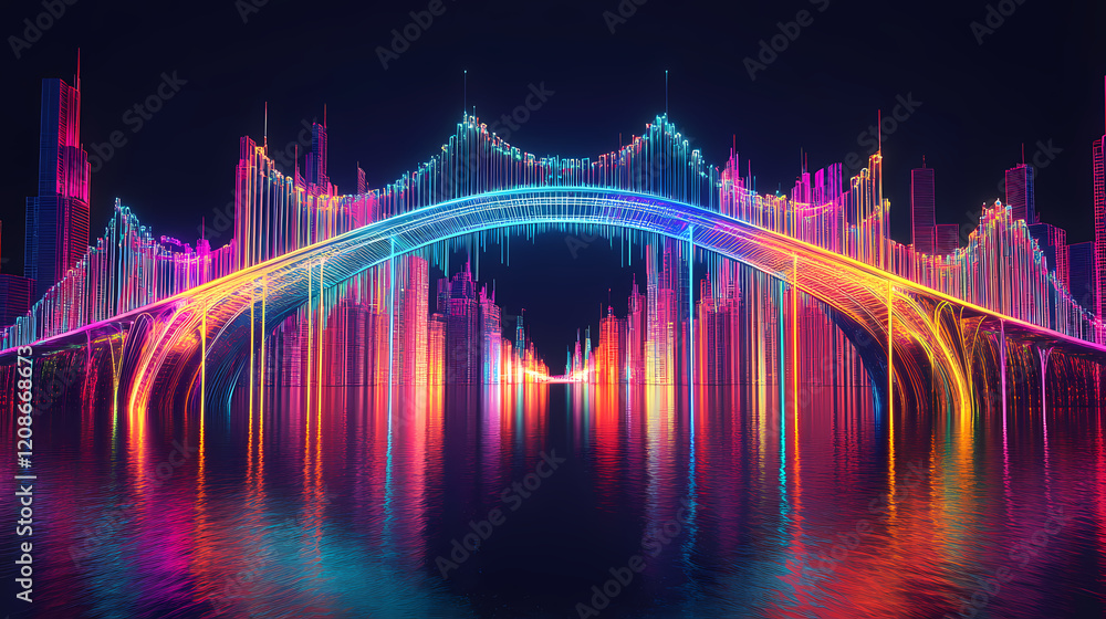 A dynamic digital art piece featuring a neon rainbow bridge connecting ...