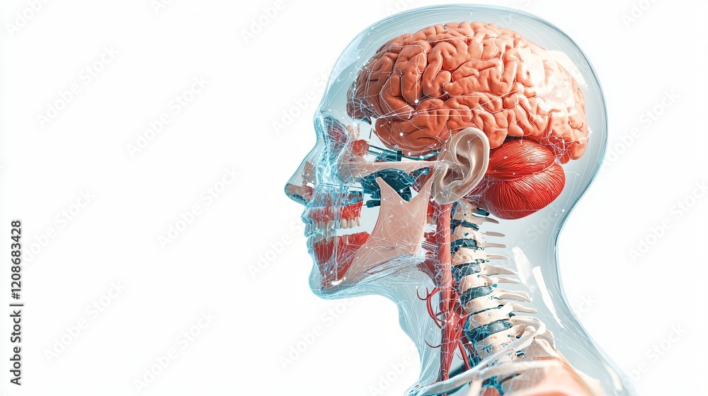 Human anatomical structure with transparent skin showing brain bones ...