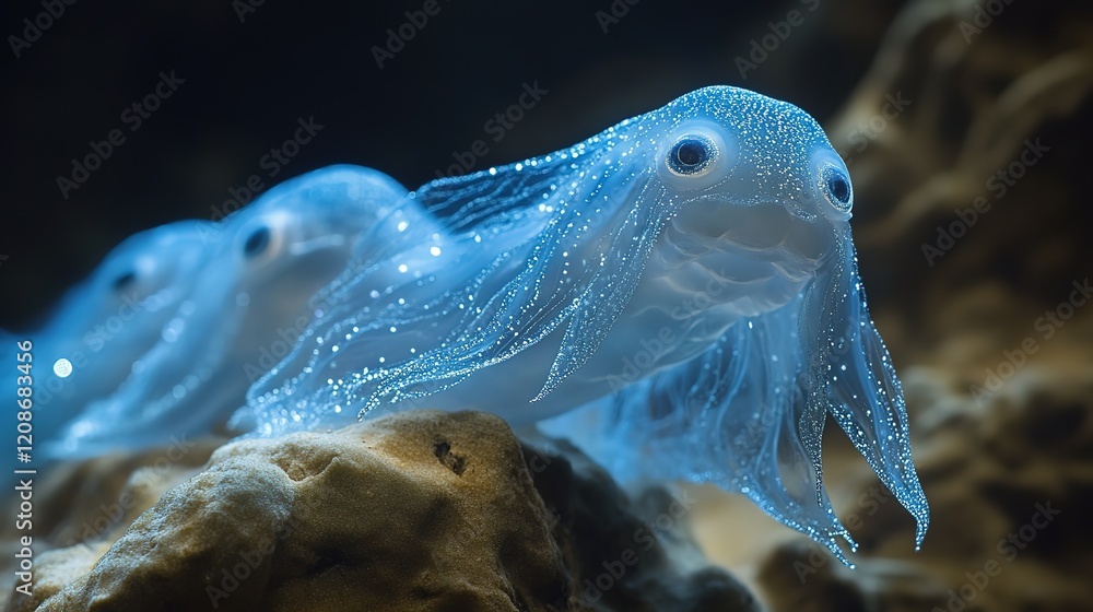 Three ethereal blue sea creatures float above the rocky ocean floor ...