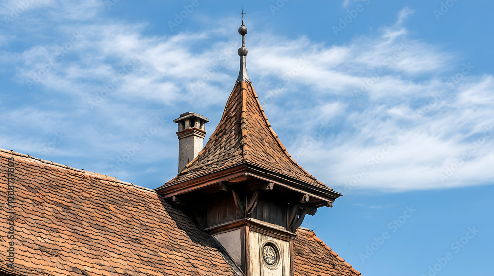 Old town, clock tower detail, terracotta roof, blue sky, historical ...