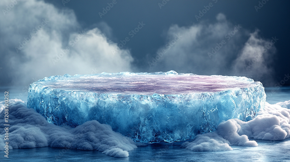 Cool ice show podium stage with a 3D winter iceberg background, empty ...