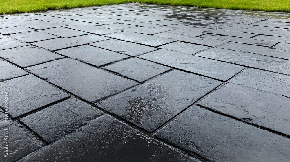 Wet dark stone patio, green grass background, outdoor space, garden ...