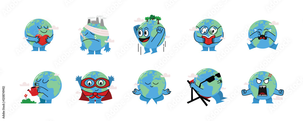 Cartoon Earth Illustrations Expressing Various Emotions and Activities ...