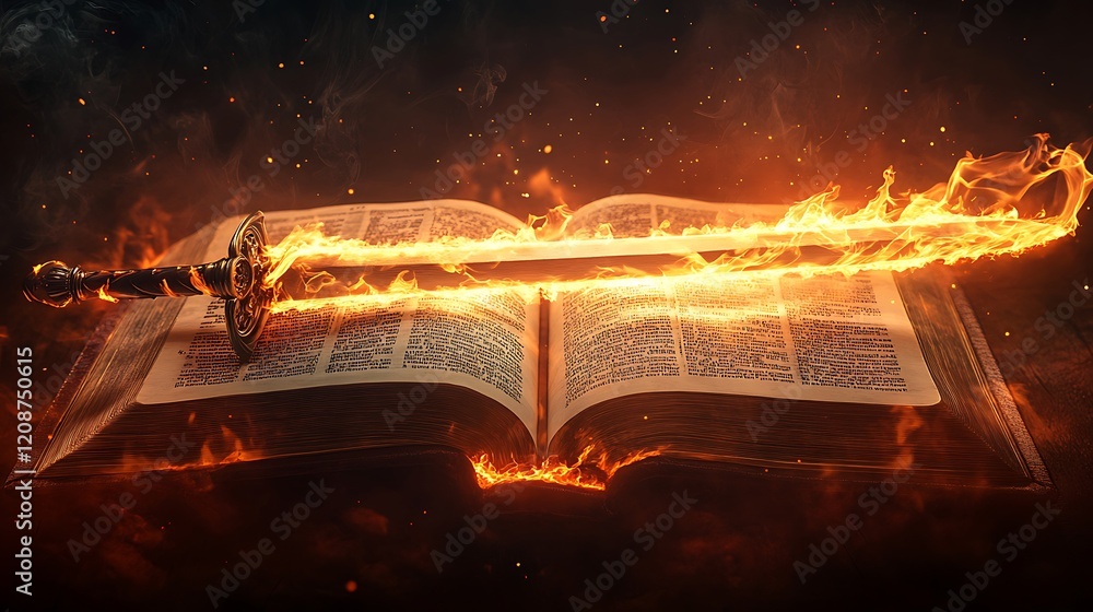 Power and vitality concept, flaming sword emerging from an open bible ...