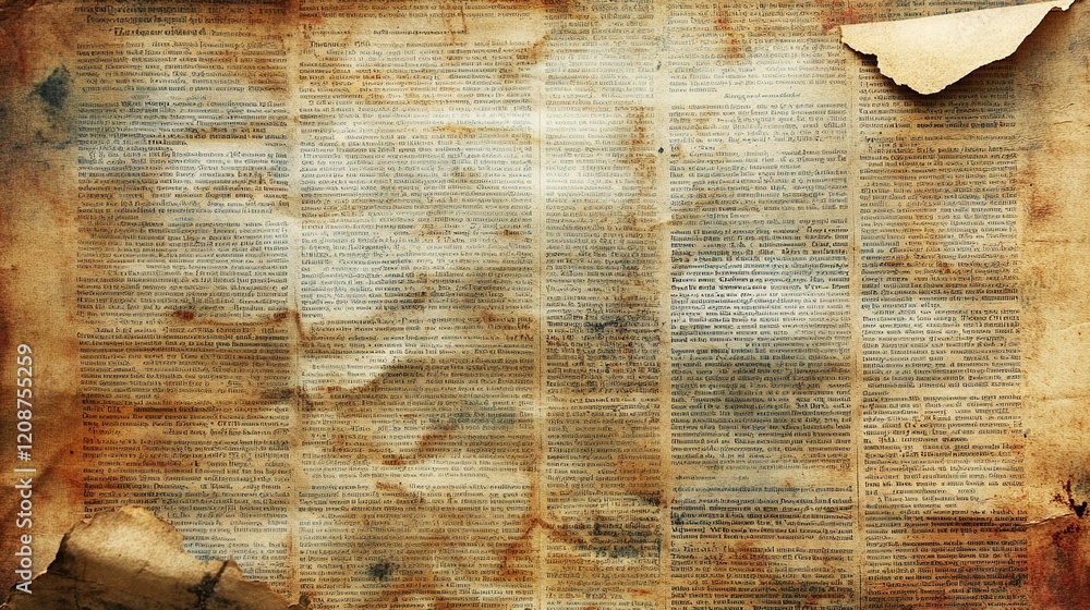 Aged, crumpled newspaper page with illegible text and torn edges ...