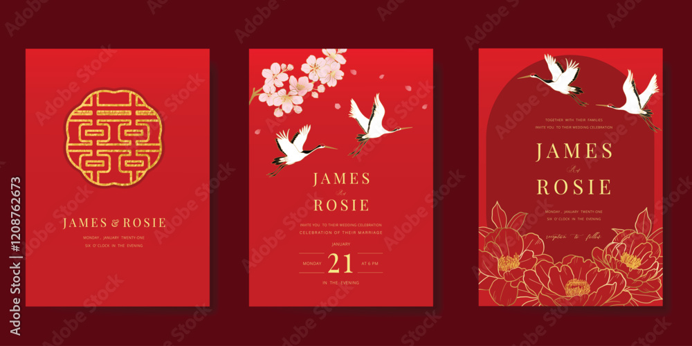 Red Chinese wedding card vector set. Luxury invitation card design with ...