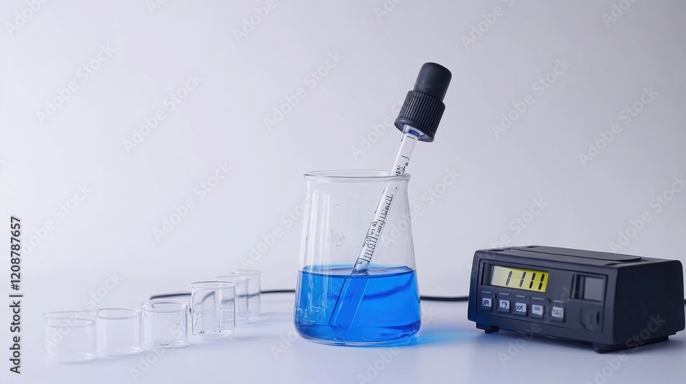A setup showing a glass beaker with a blue basic solution and a pH ...