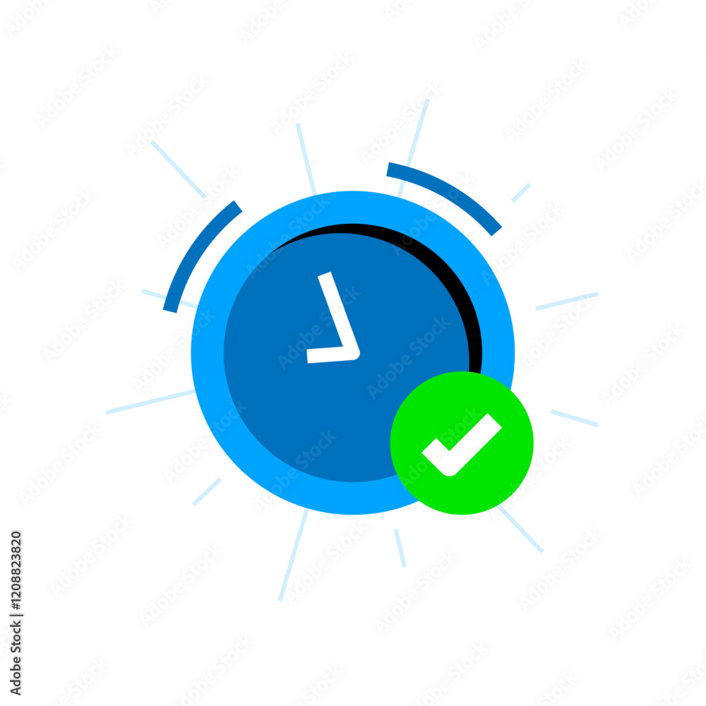 Flat illustration of an alarm clock with a check mark, symbolizing that ...