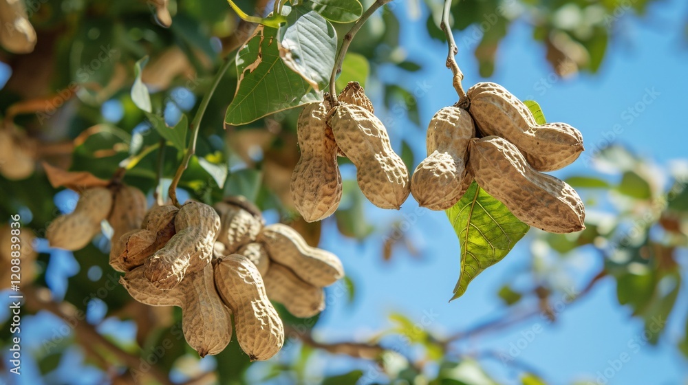 Branches of a tree heavy with peanuts in a plantation, clear sky behind ...