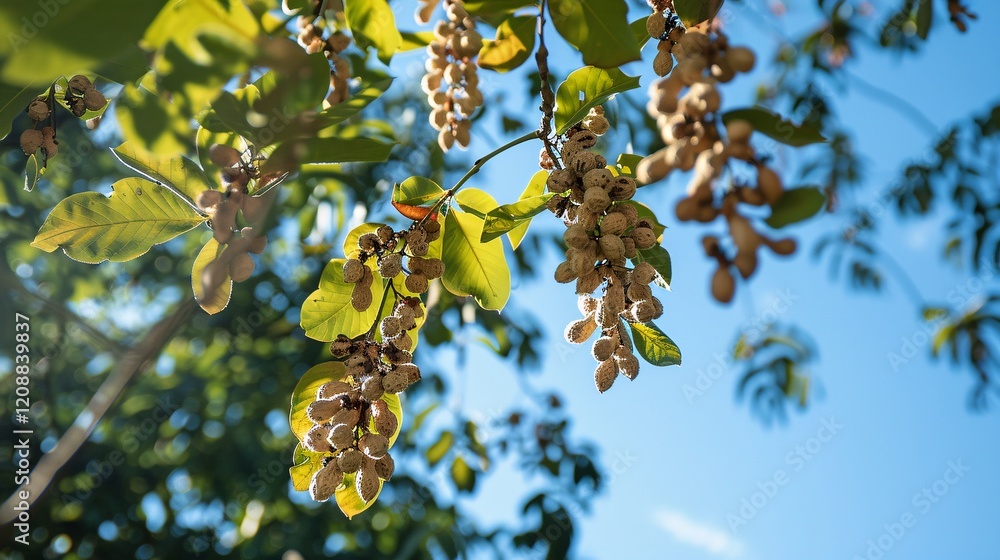 Branches of a tree heavy with peanuts in a plantation, clear sky behind ...
