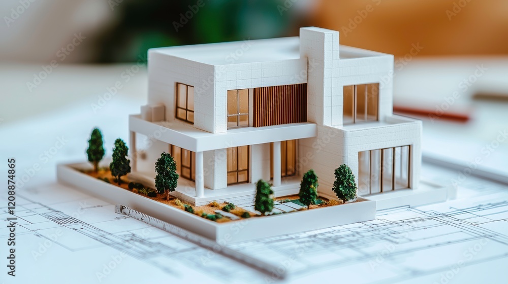 Stock-Foto „Architectural scale model of a modern home on blueprints ...