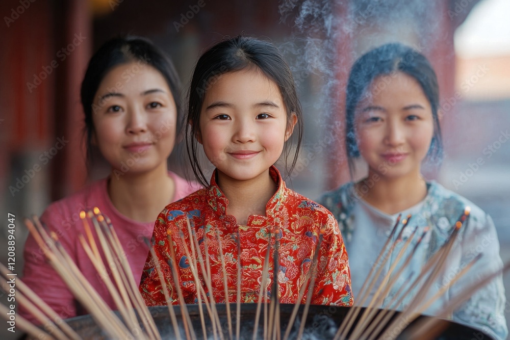 Cultural celebration with family temple portrait outdoor close-up ...