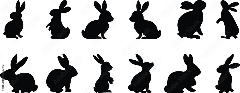 Hare rabbit bunny silhouette black icon in flat set. sign symbol of ...