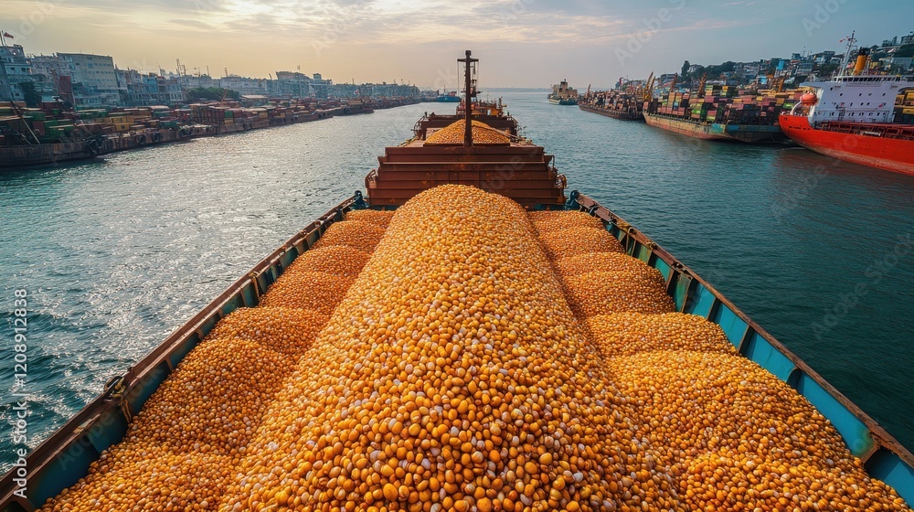 Cargo ship carrying a massive load of corn kernels on a waterway. Image ...