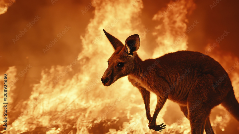 A kangaroo stands amidst a raging wildfire, showcasing the impact of ...