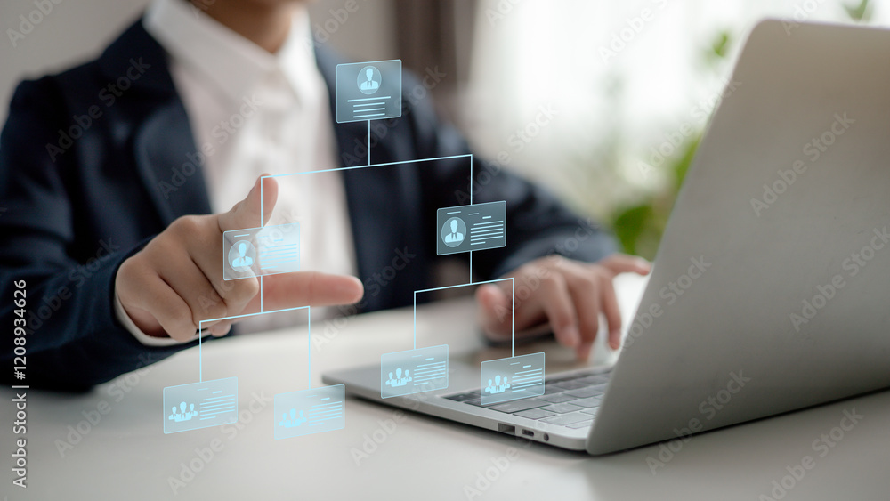 Organization chart, mind map. Businessmen touch the organigram on a ...