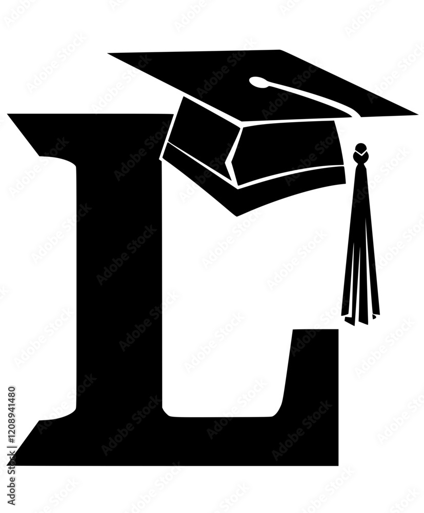 Graduation Cap on Letter L Symbol, Black and white illustration of the ...