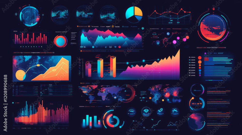 futuristic cyberpunk data visualization dashboard with interactive neon infographic charts and ...